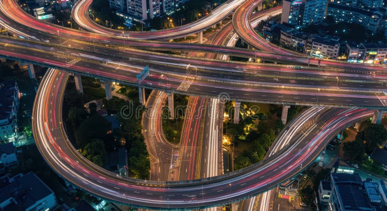 Illuminated Highway Interchange at Night with Streaking Car Lights ...