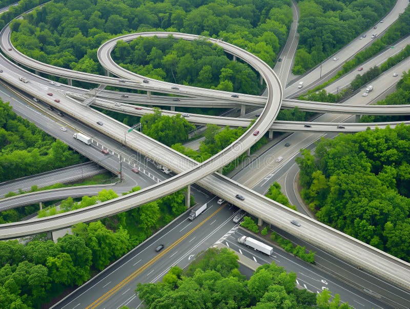 Aerial View of Complex Highway Interchange Surrounded by Lush Greenery ...