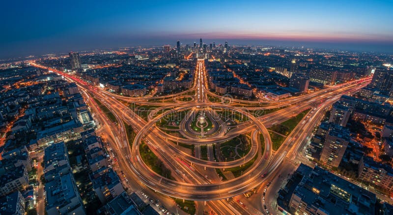 Aerial View of a Complex Highway Interchange in an Urban Area during ...