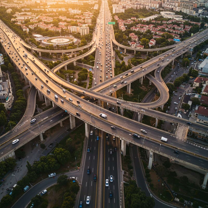 Aerial View of a Complex Highway Interchange in an Urban Setting during ...