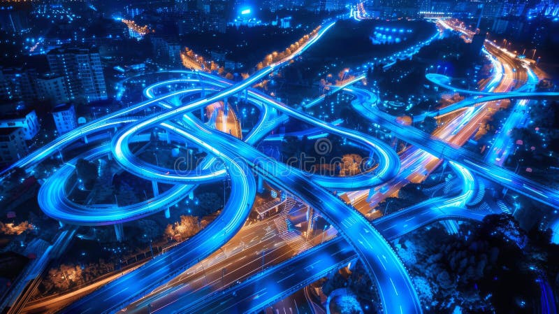 Aerial View of Complex Highway Network Illuminated with Blue Lights at ...