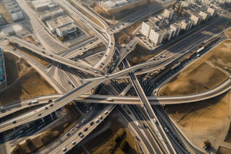 An Aerial View of a Complex System of Over and Underpasses with Cars ...