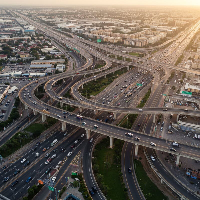 Aerial View of a Complex Urban Highway Interchange Featuring Multiple ...