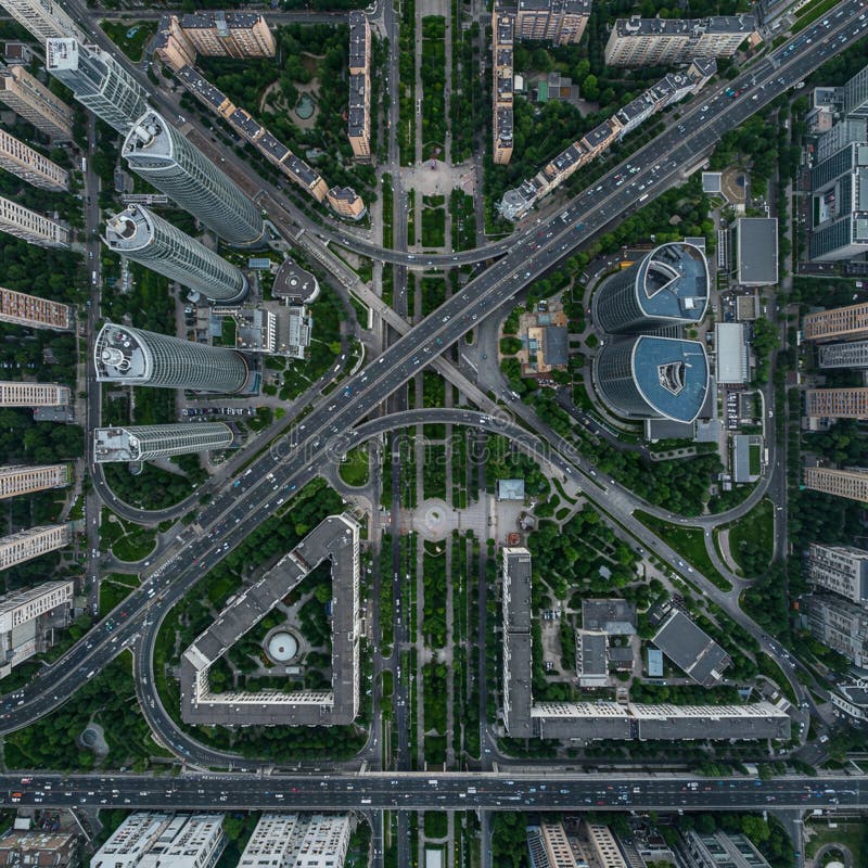 Aerial View of a Complex Urban Intersection Featuring Multiple Highways ...