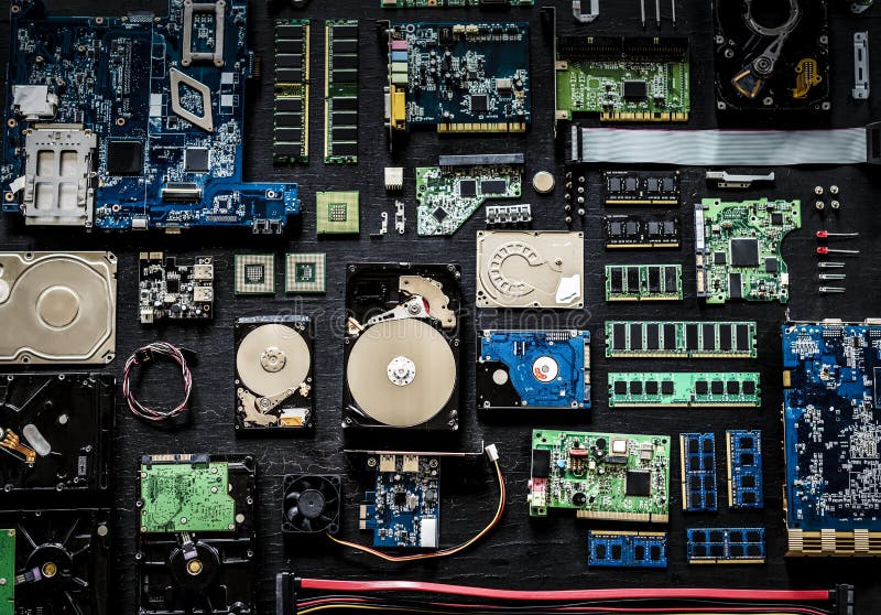 Aerial View of Computer Electronics Componets Parts Flatlay ...