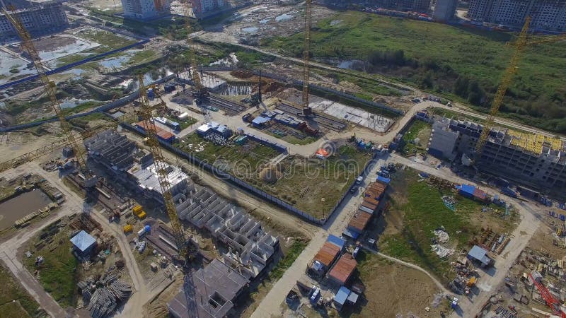 Aerial View on Construction Building. Construction Site Workers, Aerial ...