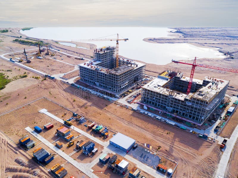Aerial View of a Construction Crane Tower. Top View Crane and Building ...