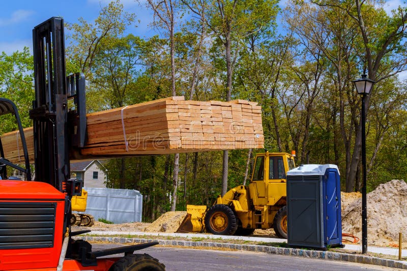 Aerial View a Construction Fork Lift Truck. Driver Outside a Lifting ...
