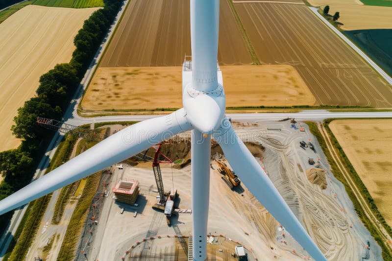 Aerial View of a Construction Site Aligning a New Wind Turbine Base ...