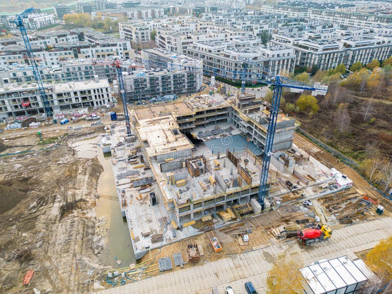 Aerial View of Construction Site with Crane and Building. Top View of ...