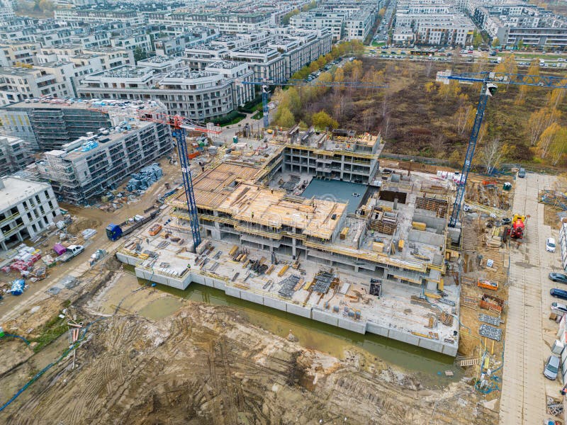 Aerial View of Construction Site with Crane and Building. Top View of ...