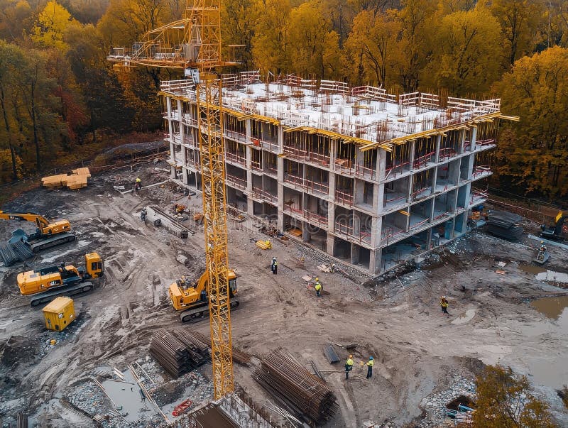 Aerial View of Construction Site with Crane and Workers Amidst Autumn ...
