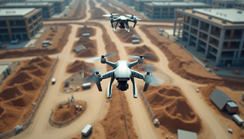 Aerial View of Construction Site. Drones Fly Over Site. Maps, Data ...