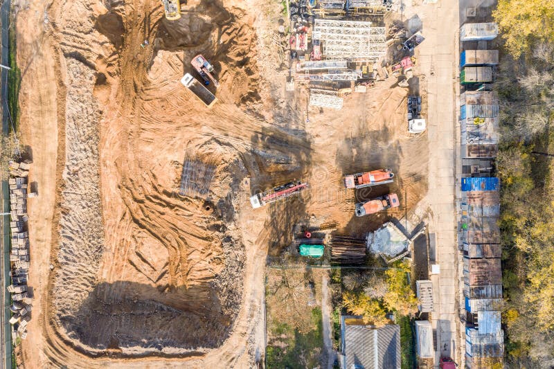 Aerial View of Construction Site with Heavy Industrial Machinery for ...