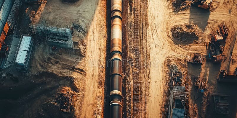 Aerial View of Construction Site: Large Pipeline Under Construction Surrounded by Construction ...