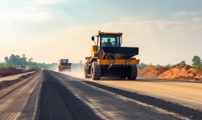 Aerial View of Construction Site Laying New Asphalt Road with Trucks ...