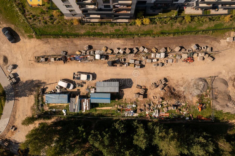 Aerial View of a Construction Site with Materials and Equipment Stock ...