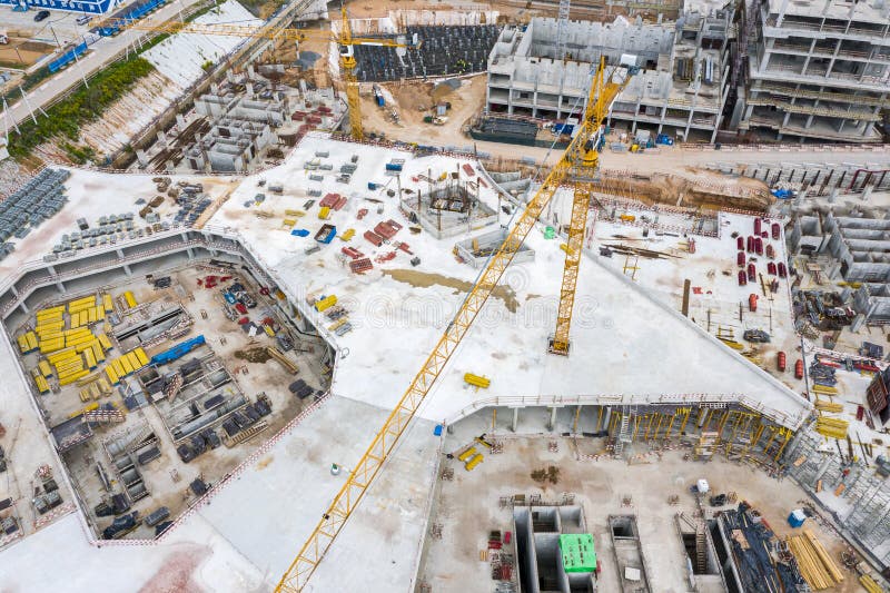Aerial View of Construction Site of New Modern Concrete Buildings ...