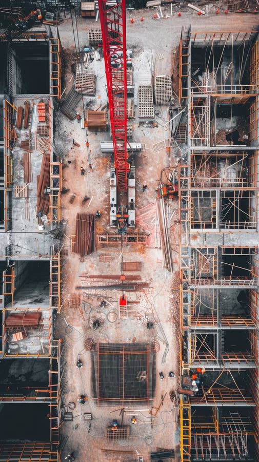 Aerial View of a Construction Site with a Red Crane in the Center Stock ...