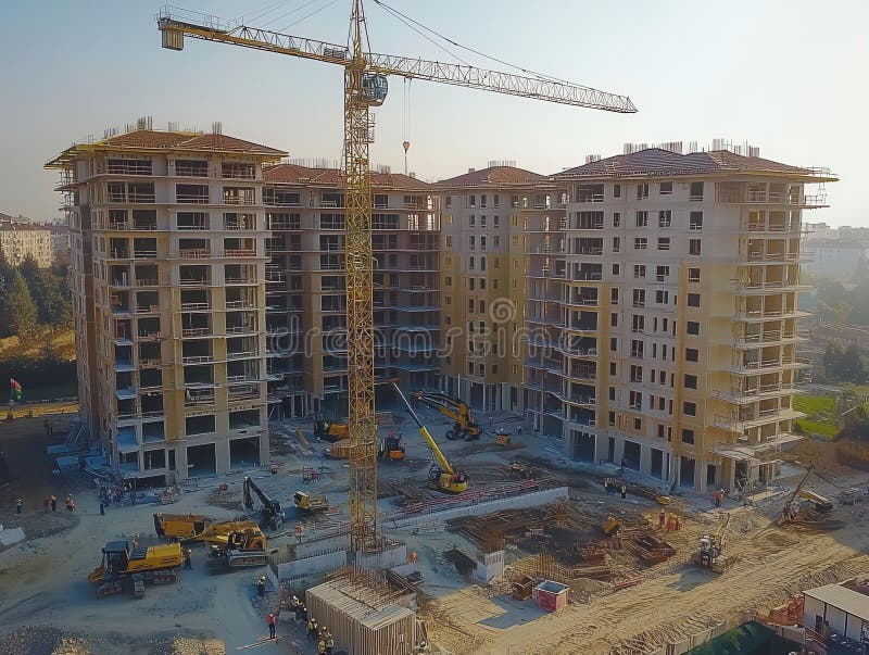 Aerial View of Construction Site with Tower Crane and Workers Engaged in Building Urban ...