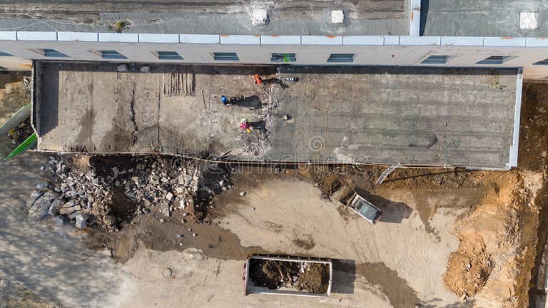 Aerial View of Construction Site with Workers and Debris Stock Image ...