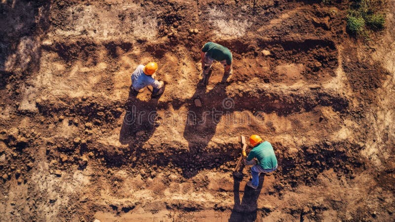 Aerial View of Construction Workers Digging Trenches in Soil Stock ...