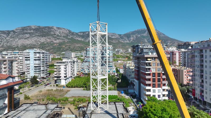 Aerial View: Construction Workers and Engineers Collaborate To Install ...
