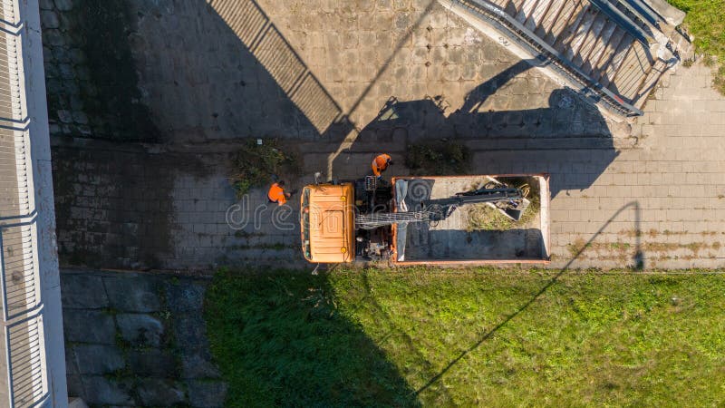 Aerial View of Construction Workers Operating a Digger Stock Photo ...