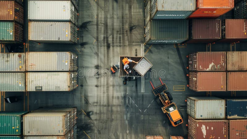 Aerial View of Container Cargo Freight Ship with Working Forklift ...