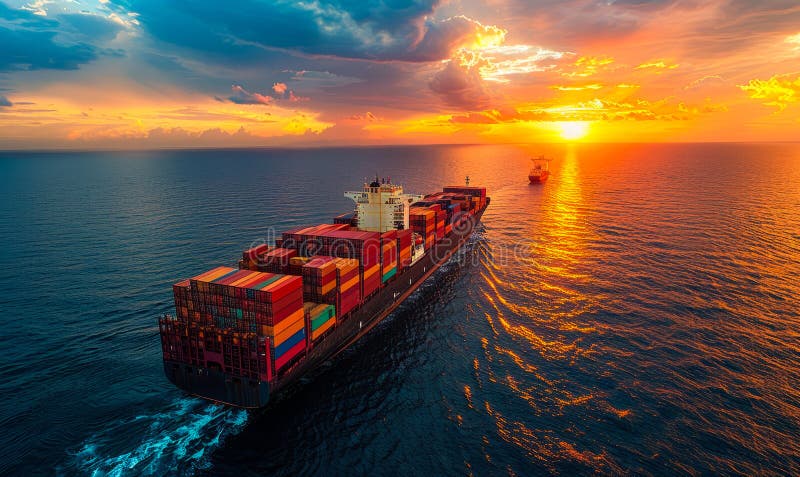 Aerial View of Container Cargo Ship Sailing Across the Calm Sea Towards ...