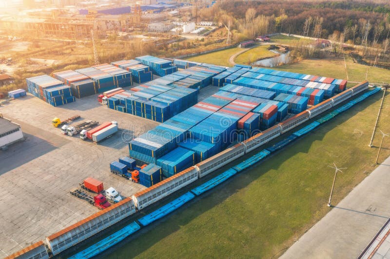 Aerial View of Container Loading and Unloading at Sunset Stock Image ...