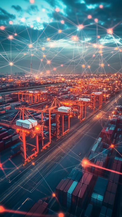 Aerial View of Container Port with Network Connections at Sunset Stock ...