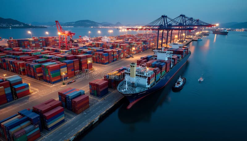 Aerial View of Container Ship at Dock at Night Near Cargo Containers ...