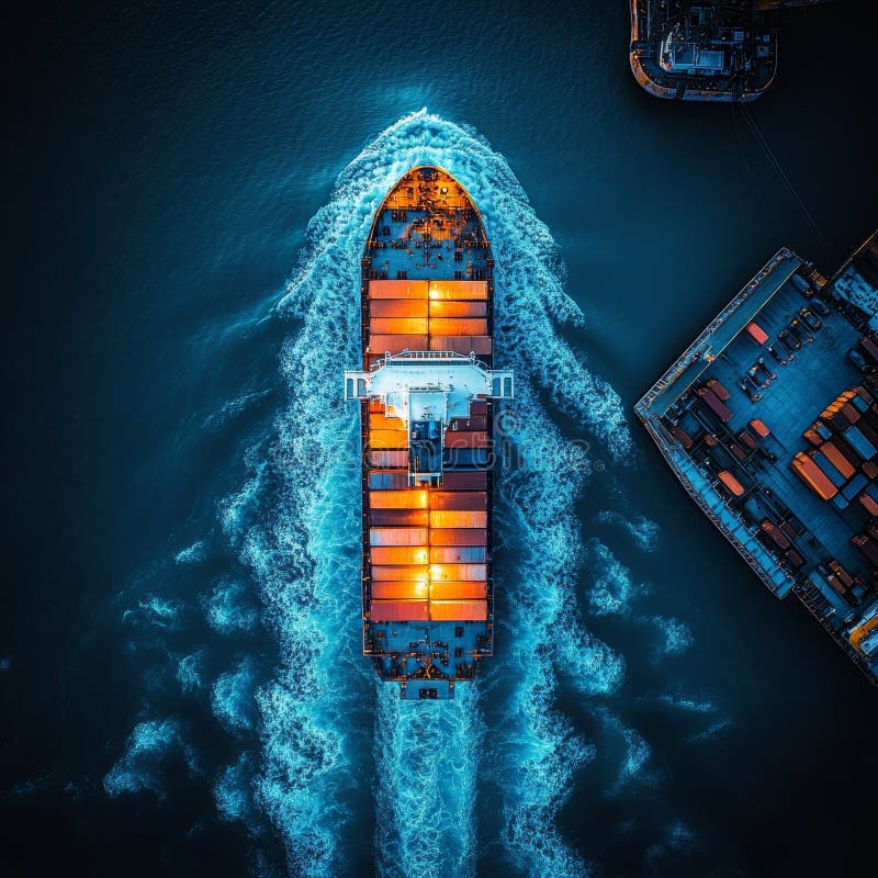 Aerial View of a Container Ship with Illuminated Cargo, Navigating Dark ...
