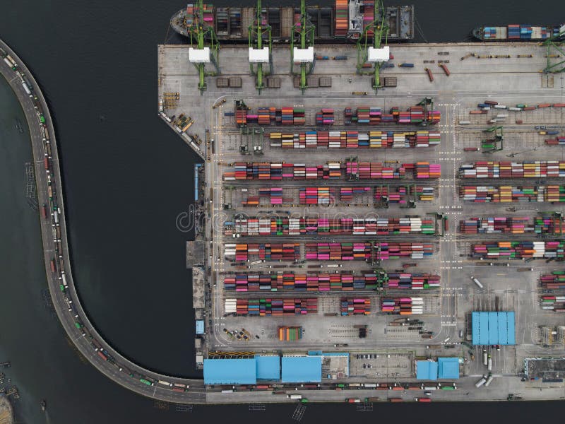 Aerial View of Container Ship Loading and Unloading in Deep Sea Port ...