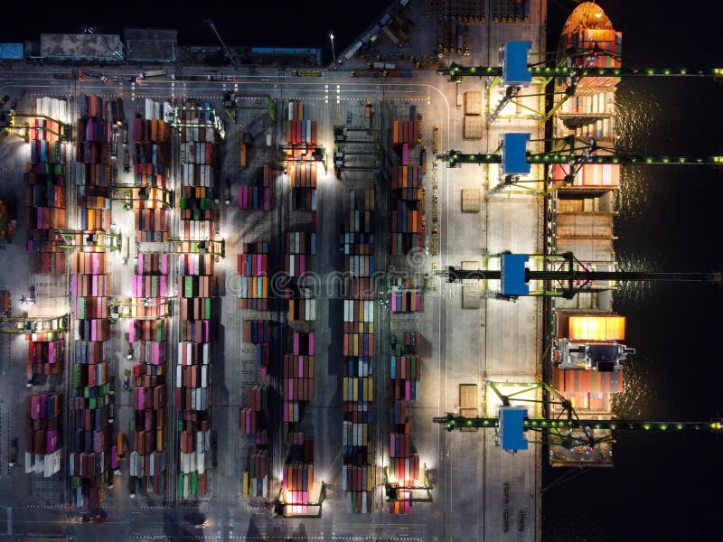 Aerial View of Container Ship Loading and Unloading in Deep Sea Port ...