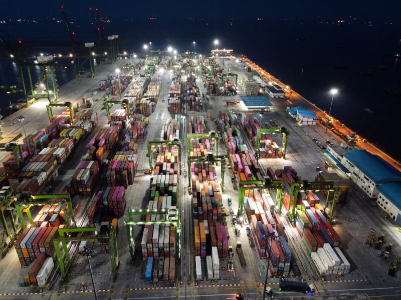 Aerial View of Container Ship Loading and Unloading in Deep Sea Port ...