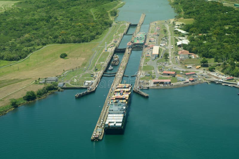 Aerial View of Container Ship in the Panama Canal Stock Photo - Image ...