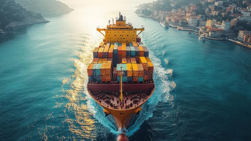 Aerial View of a Container Ship Sailing through Coastal Waters ...