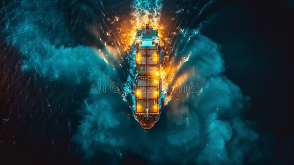 An Aerial View of a Containerized Cargo Ship at Night with Lights ...