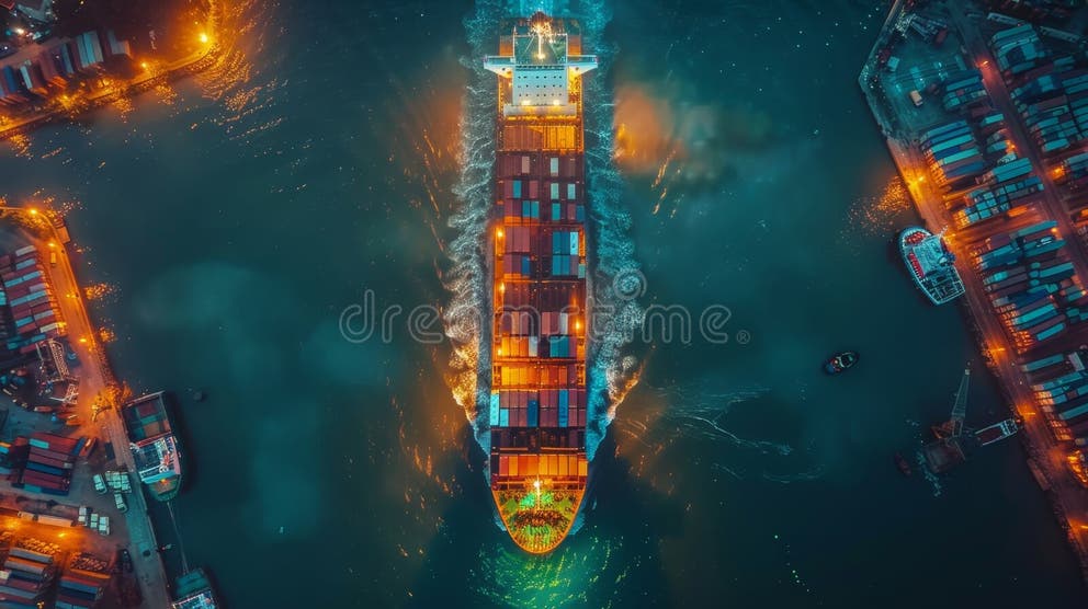 An Aerial View of a Containerized Cargo Ship at Night with Lights ...