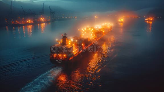 An Aerial View of a Containerized Cargo Ship at Night with Lights ...