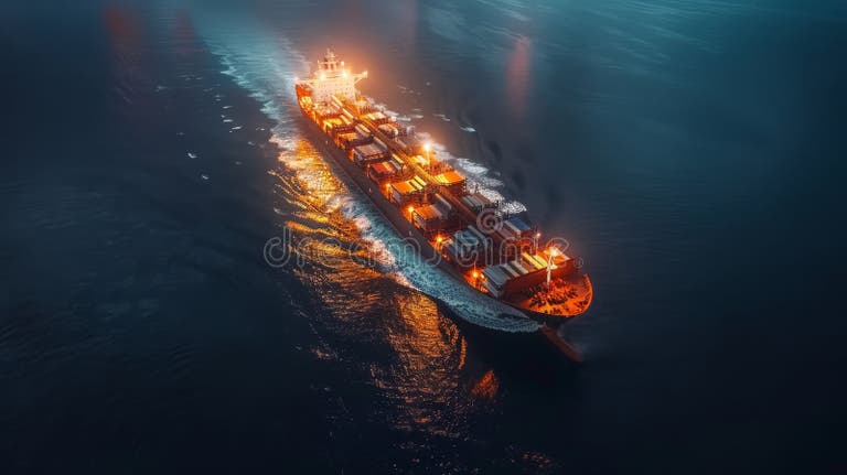 An Aerial View of a Containerized Cargo Ship at Night with Lights ...