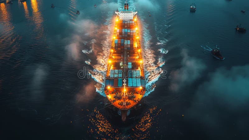 An Aerial View of a Containerized Cargo Ship at Night with Lights ...
