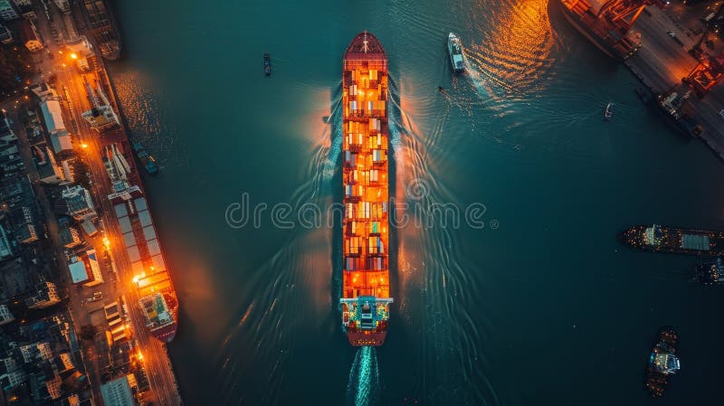 An Aerial View of a Containerized Cargo Ship at Night with Lights ...