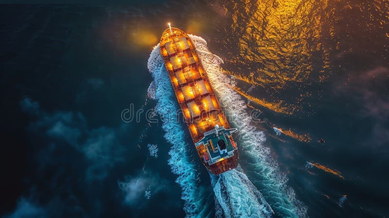 An Aerial View of a Containerized Cargo Ship at Night with Lights ...