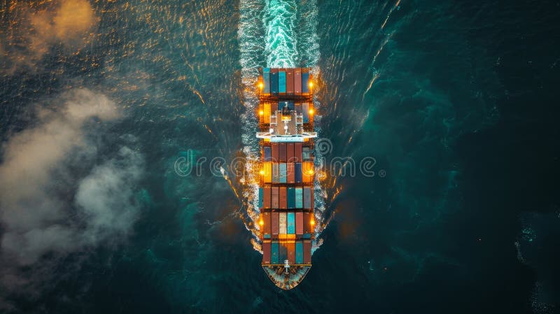 An Aerial View of a Containerized Cargo Ship at Night with Lights ...
