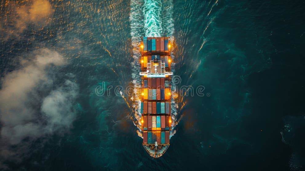 An Aerial View of a Containerized Cargo Ship at Night with Lights ...