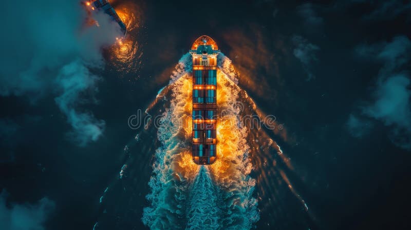 An Aerial View of a Containerized Cargo Ship at Night with Lights ...