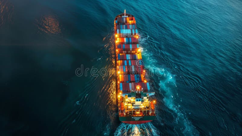 An Aerial View of a Containerized Cargo Ship at Night with Lights ...